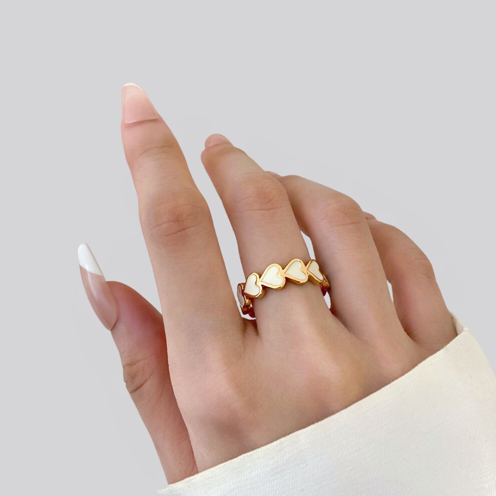 Gold Heart Ring | Enamel White Hearts solid 18k gold ring