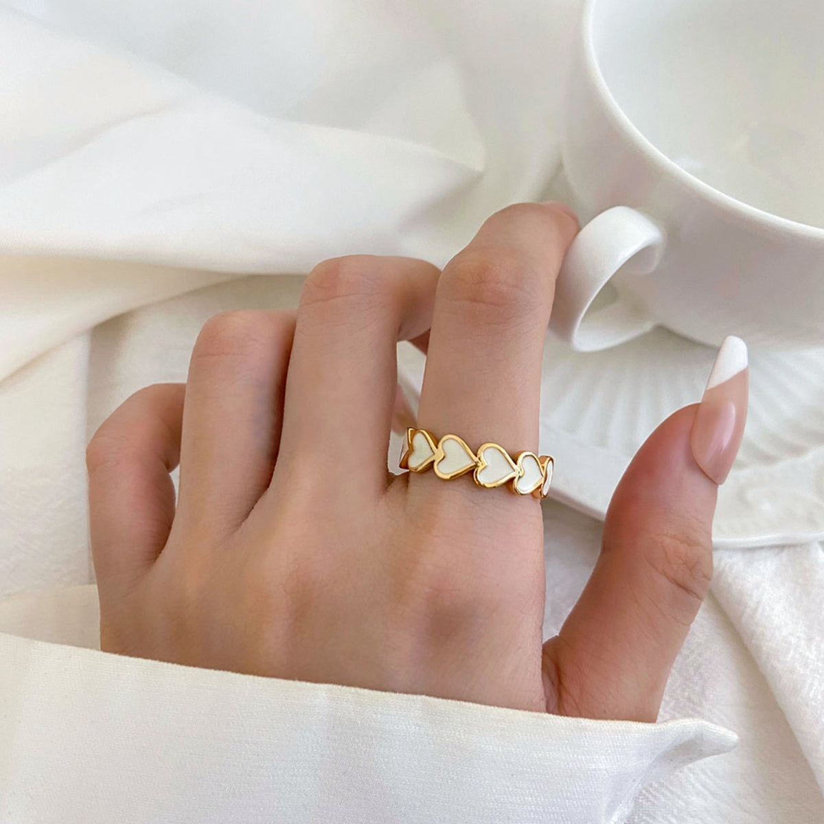 Gold Heart Ring | Enamel White Hearts solid 18k gold ring